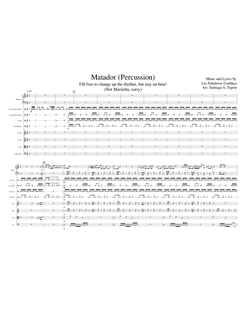 Matador Percussion Sheet Music for Snare drum, Violin, Viola, Cello ...