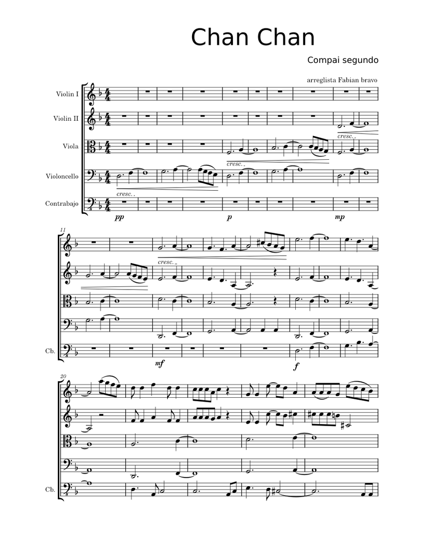 chan chan project Sheet music for Contrabass, Violin, Viola, Cello ...