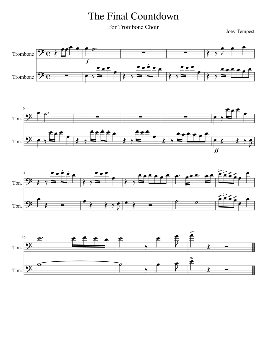 The Final Countdown Sheet Music for Trombone (Brass Duet) | MuseScore.com