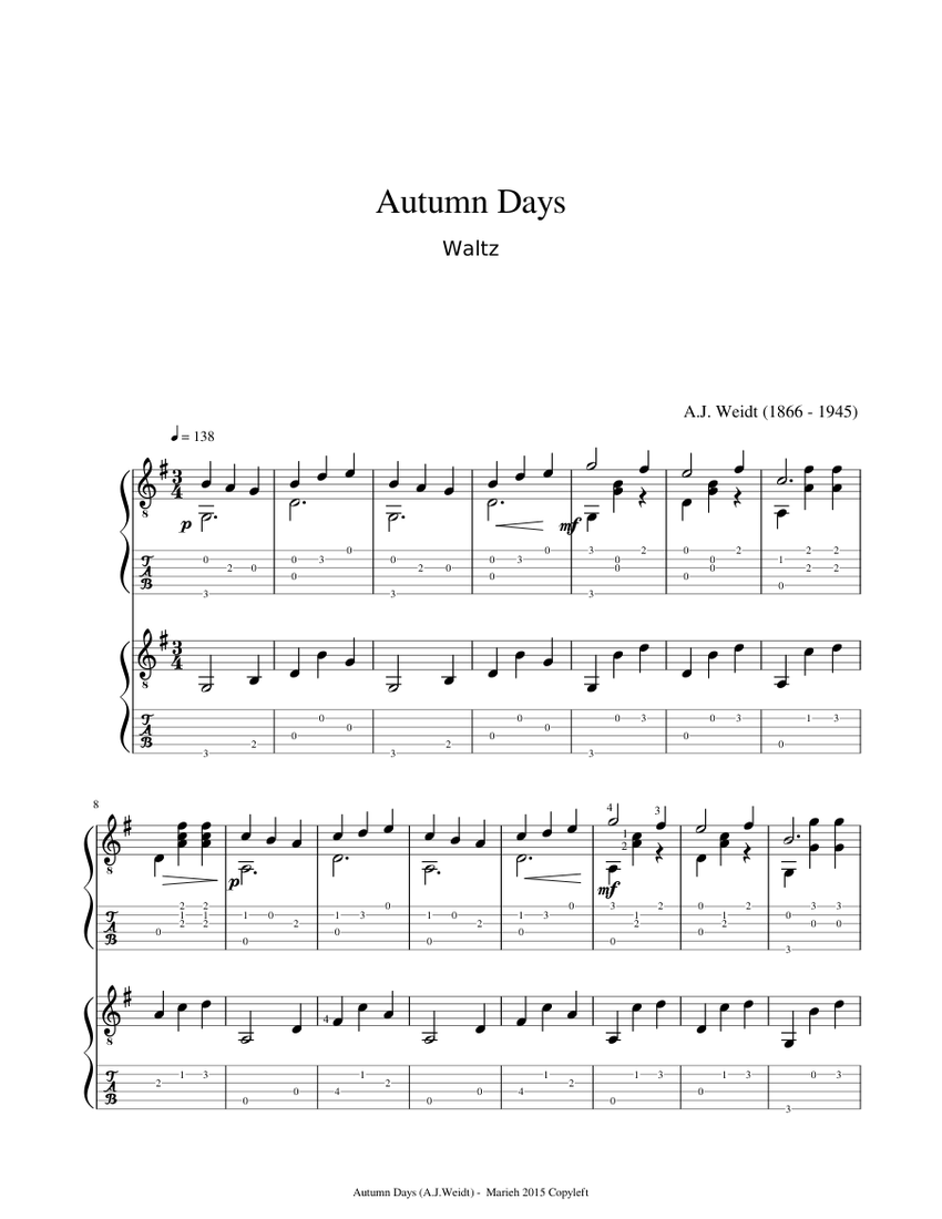 Autumn Days - A. J. Weidt (1866 - 1945) - Duo - Tablature Sheet music ...