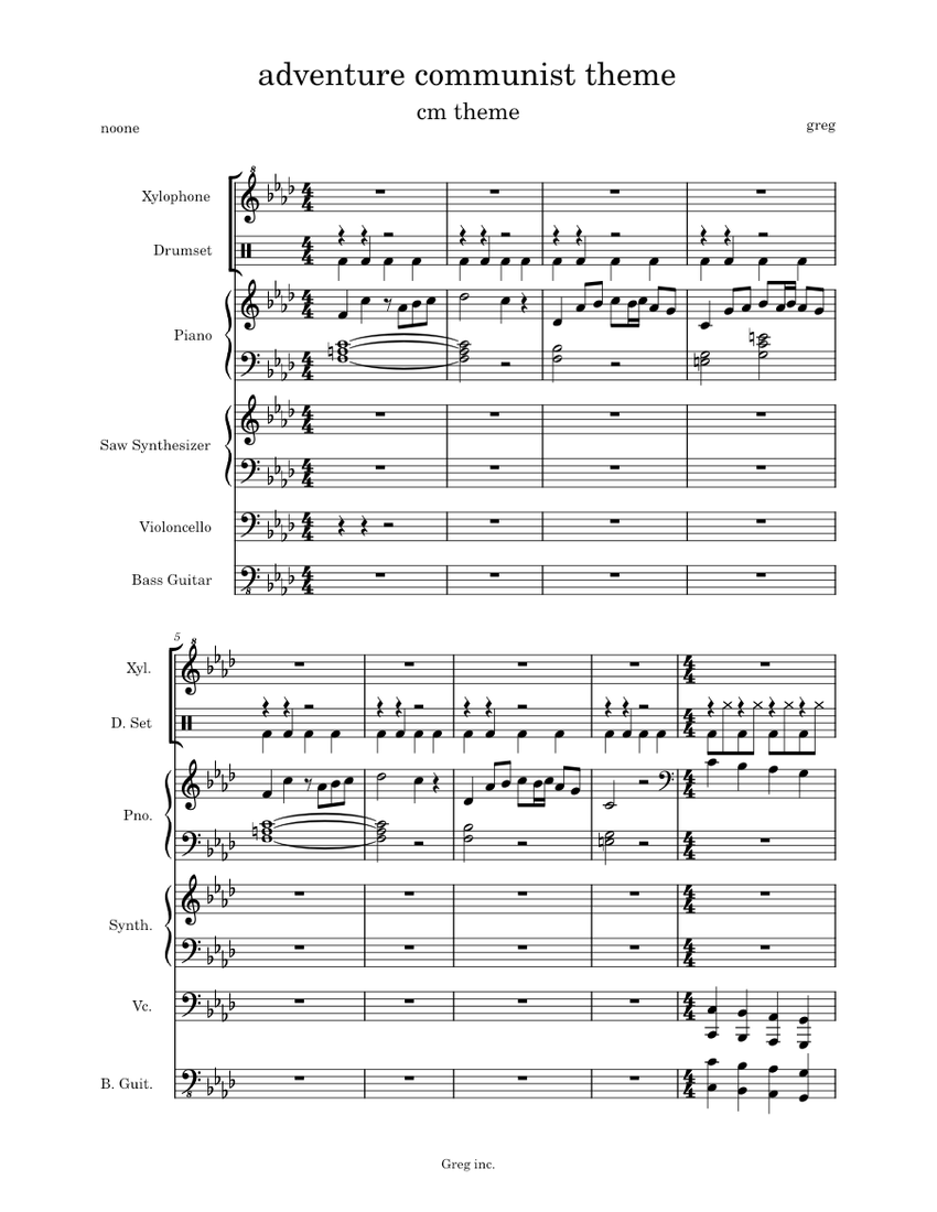 adventure communist theme Sheet Music for Piano, Cello, Bass guitar ...