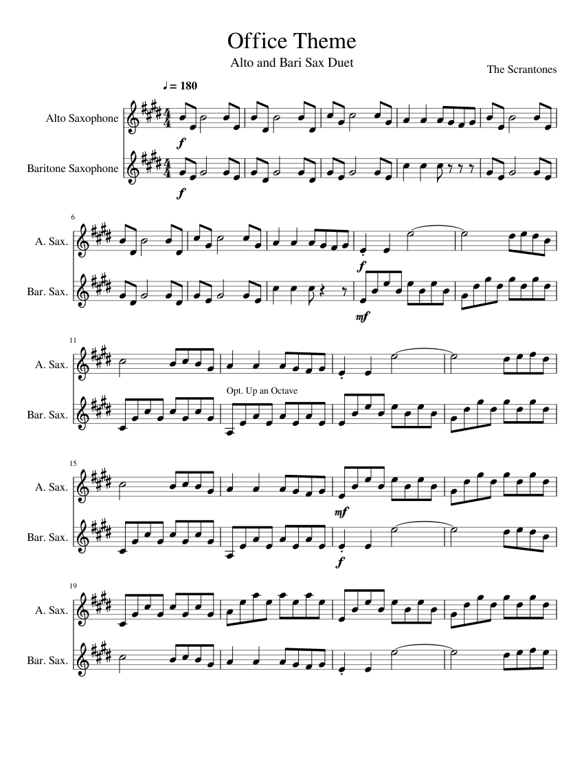 Office Theme Alto-Bari Sax Duet Sheet Music for Saxophone alto ...
