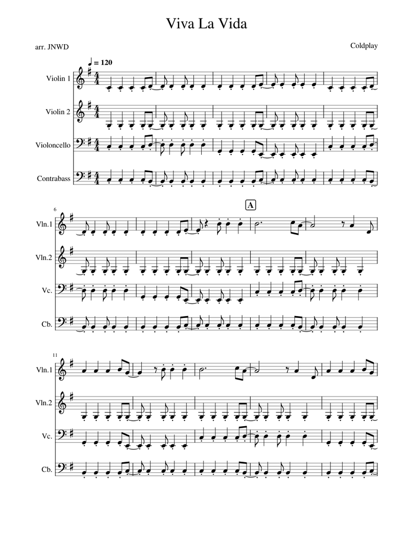 Viva La Vida by Coldplay Sheet music for Contrabass, Violin, Cello ...