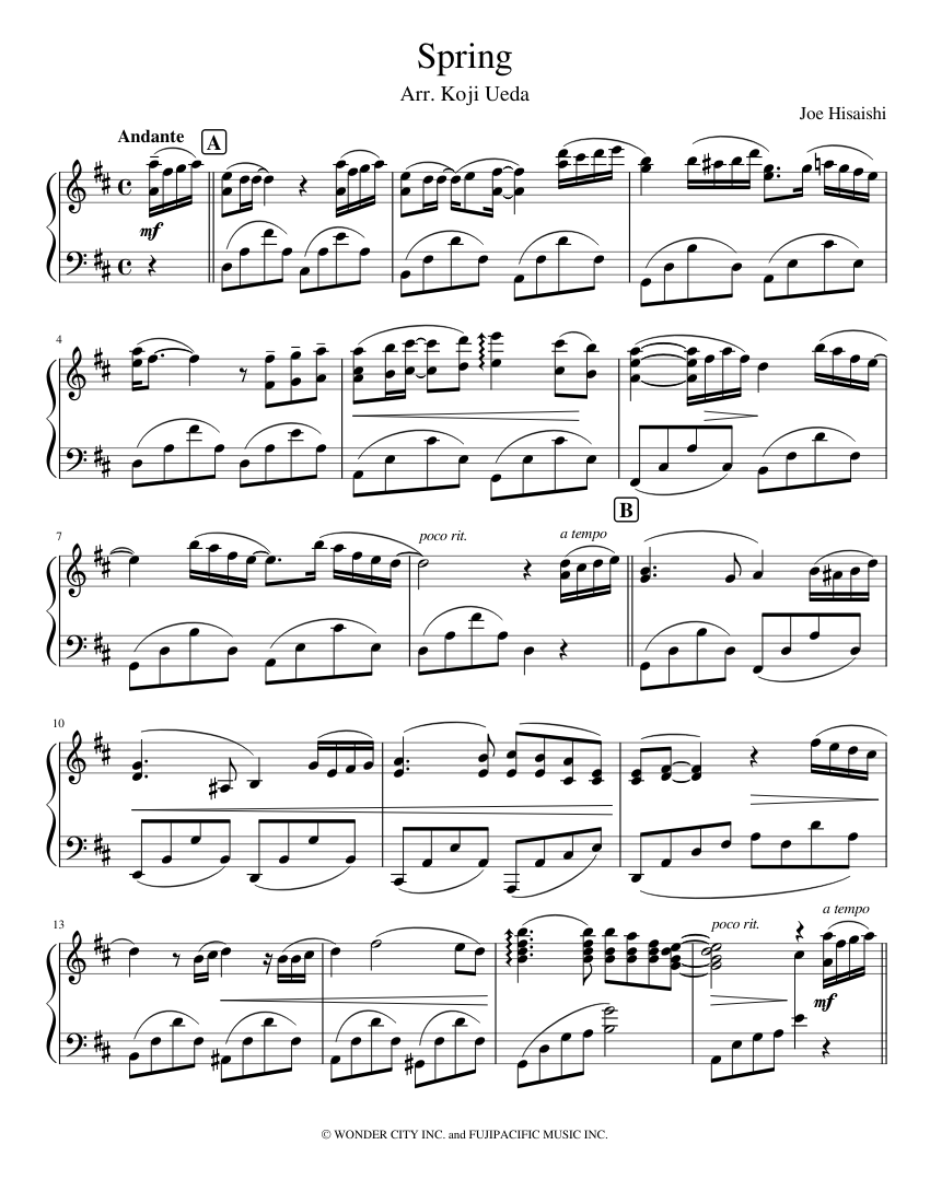 Spring by Joe Hisaishi Sheet Music for Piano (Solo) | MuseScore.com