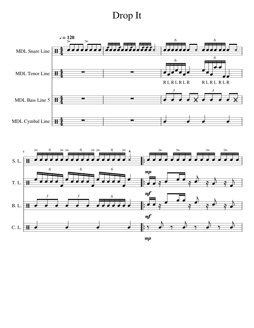 "Drop It" Drumline Cadence Sheet Music for Snare drum, Crash, Tenor ...