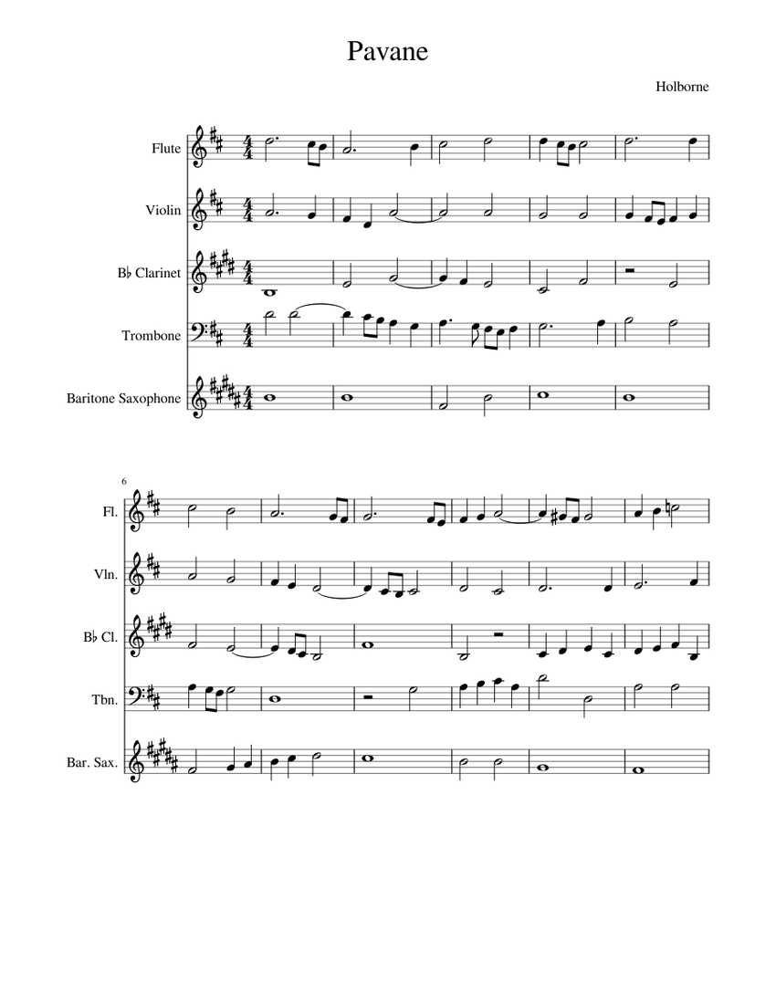 Pavane Sheet music for Trombone, Flute, Clarinet in b-flat, Saxophone ...