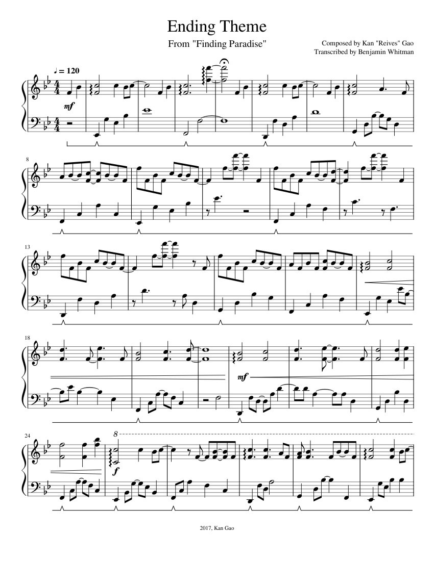 Finding Paradise - Ending Theme Sheet Music for Piano (Solo ...