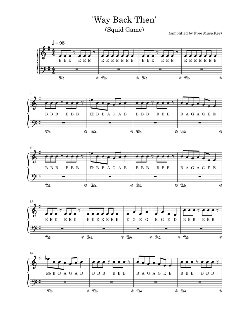 'Way Back Then' (Squid Game) Easy Piano (arr. by Free MusicKey) Sheet ...