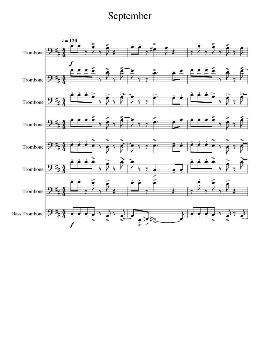 September- Trombone Octet Sheet Music for Trombone, Trombone bass ...