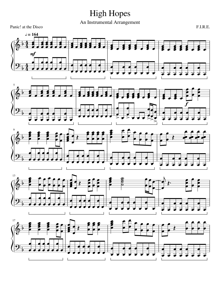 #116 – Panic! at the Disco – High Hopes Sheet Music for Piano (Solo ...