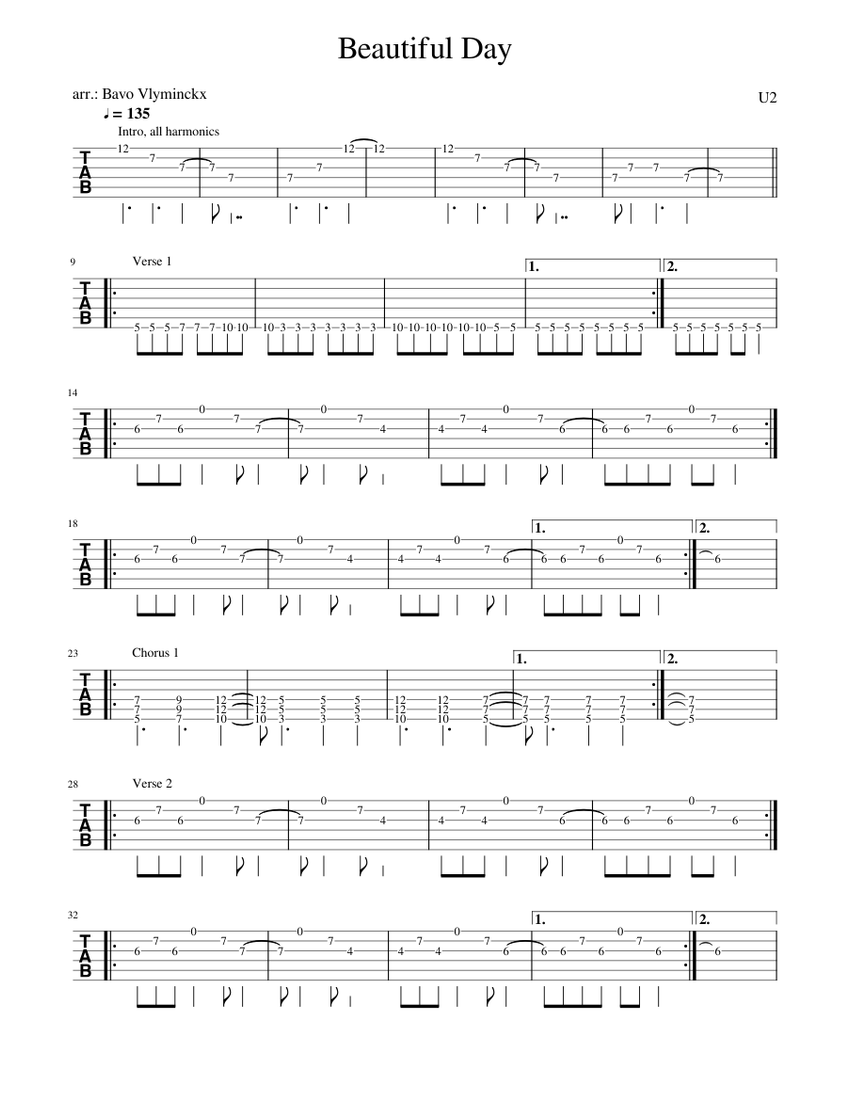 Beautiful Day, U2 Sheet Music and Tab for Guitar (Solo) | MuseScore.com