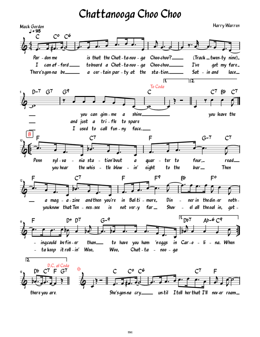 Chattanooga Choo Choo (lead sheet with lyrics ) Sheet Music with Chords ...
