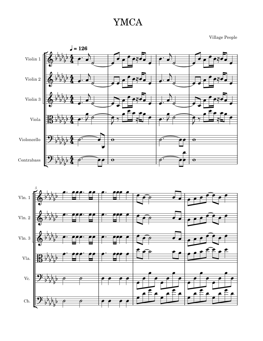 YMCA – Village People Sheet Music for Contrabass, Violin, Viola, Cello ...