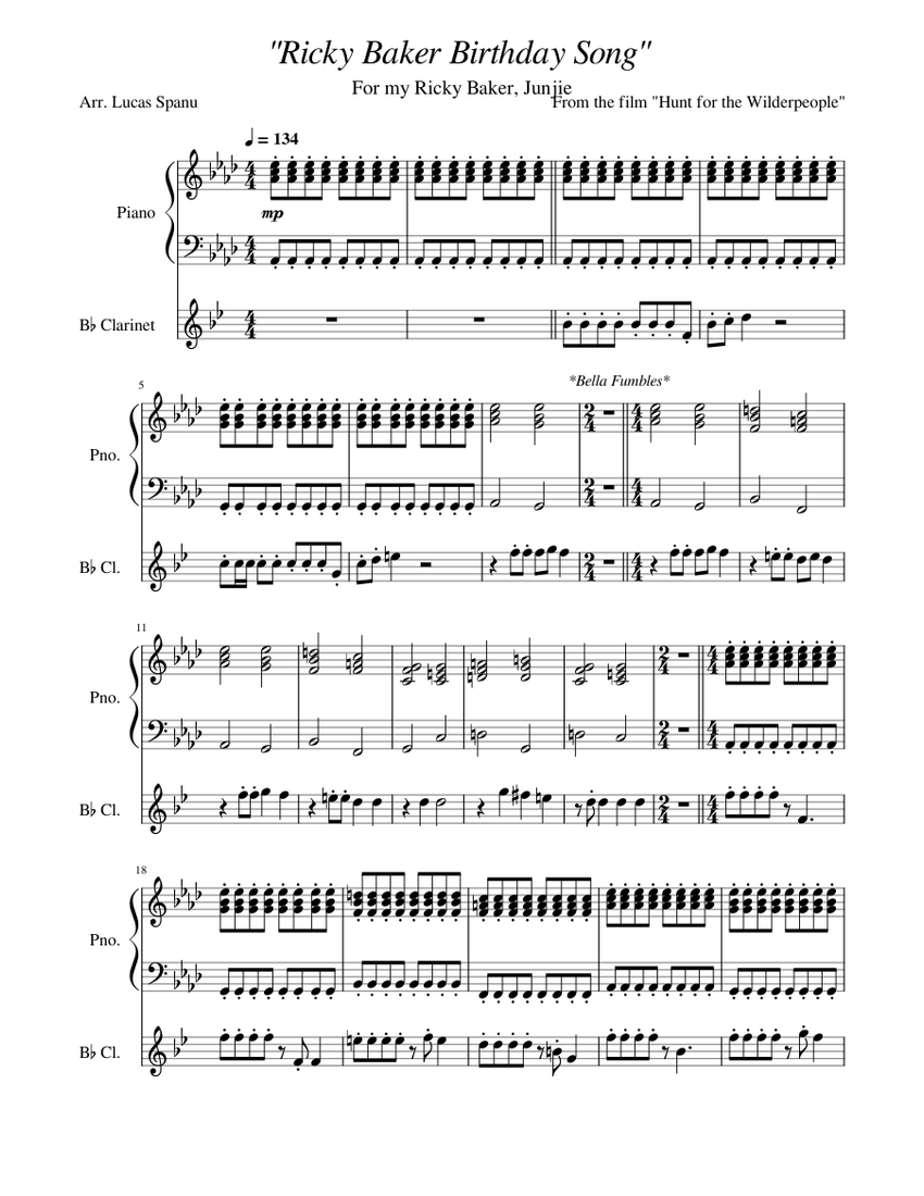 Ricky Baker Birthday Song Sheet Music for Piano, Clarinet in b-flat ...