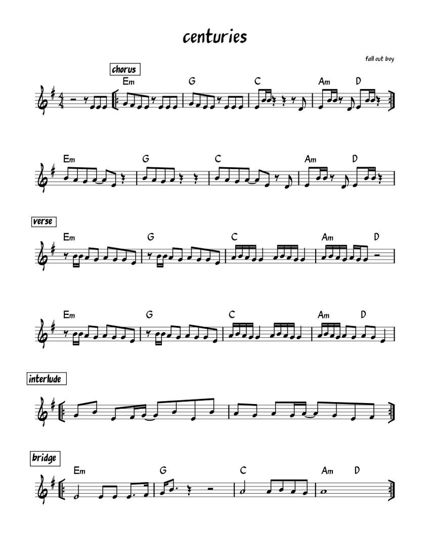 Centuries – Fall Out Boy Sheet Music with Chords for Piano (Solo) easy ...