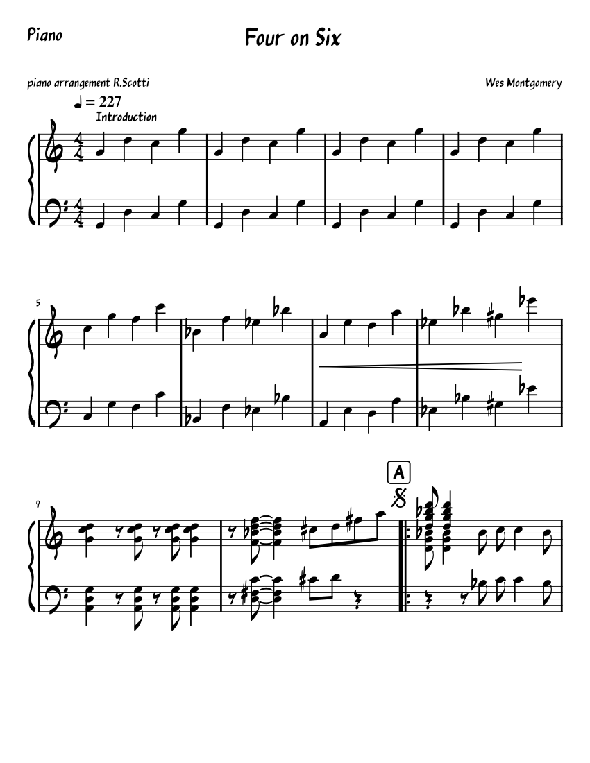 Four on Six-Wes Montgomery Sheet Music with Chords for Piano (Solo ...