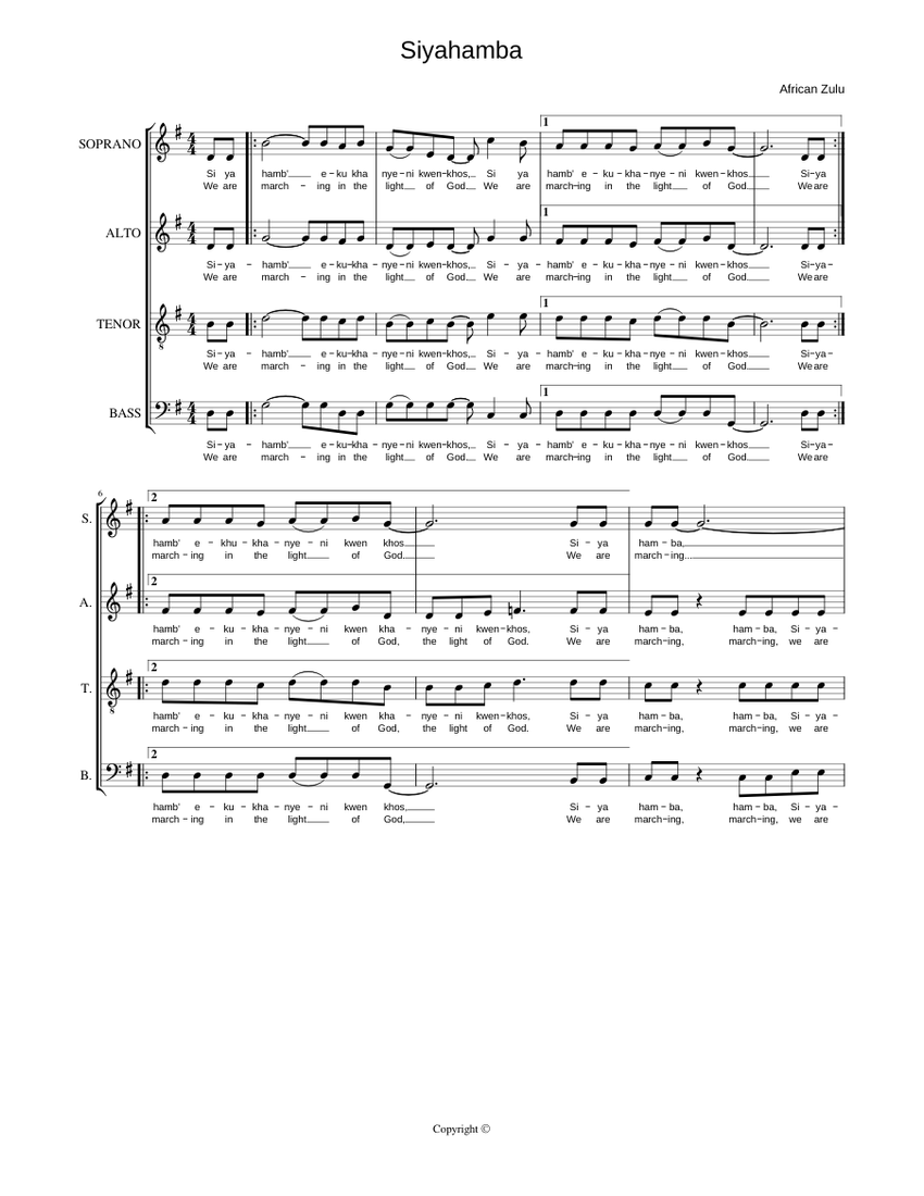 06 Siyahamba 2 verses Sheet music for Bass guitar (Solo) | Musescore.com