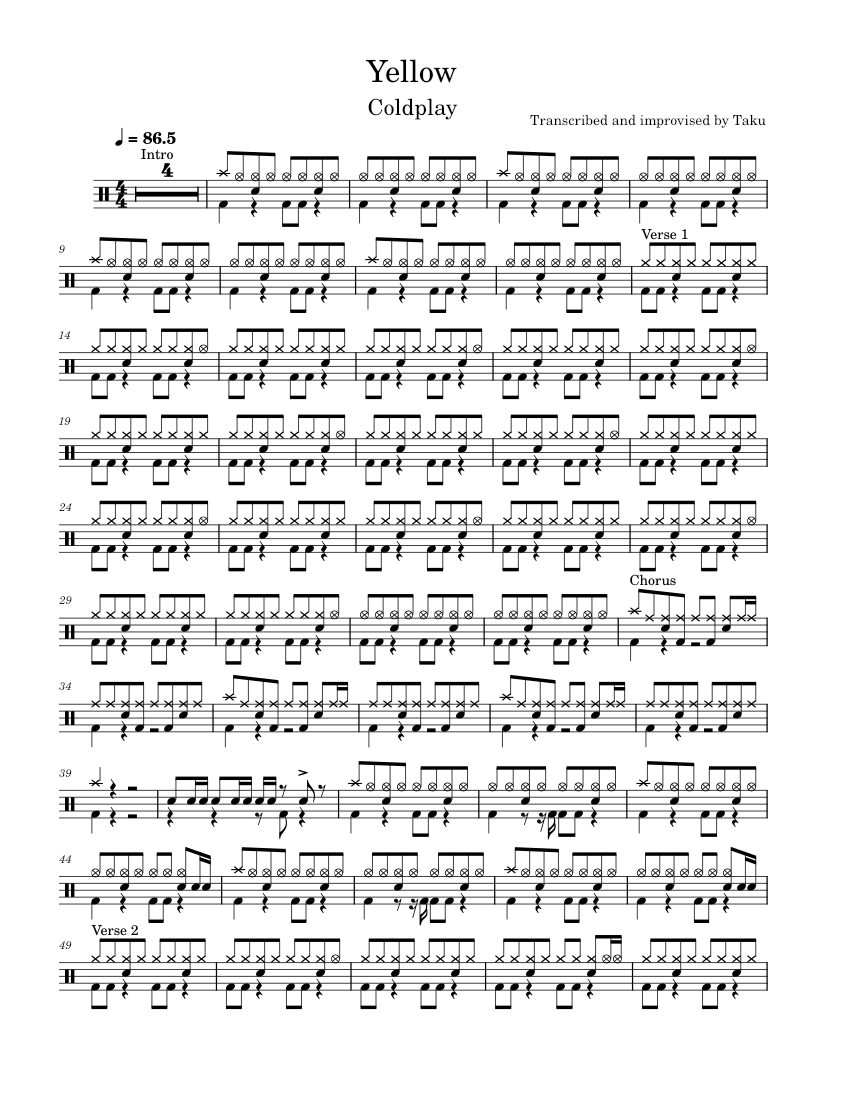 Yellow – Coldplay Sheet Music for Drum group (Solo) | MuseScore.com