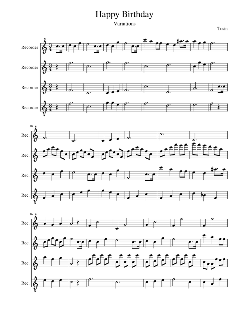 Variations on Happy Birthday Sheet Music for Recorder (Mixed Quartet ...
