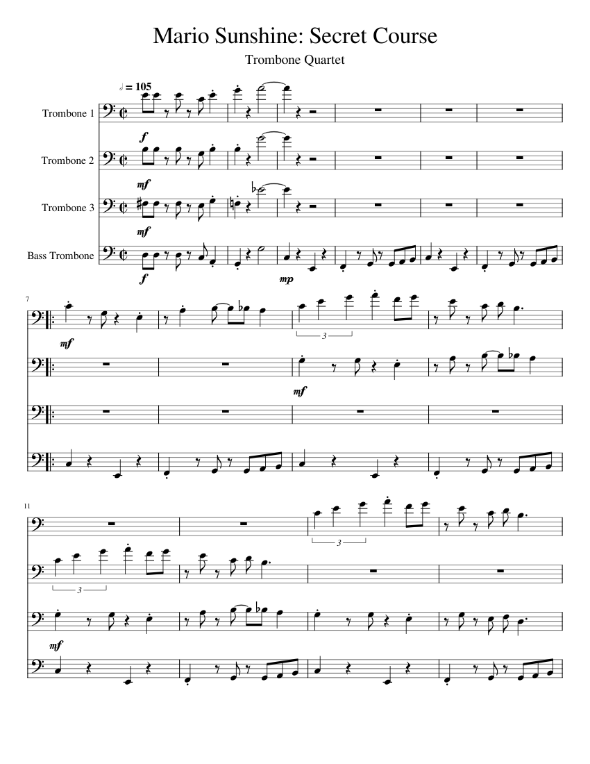 Super Mario Sunshine: Secret Course Theme - Trombone Quartet Sheet ...