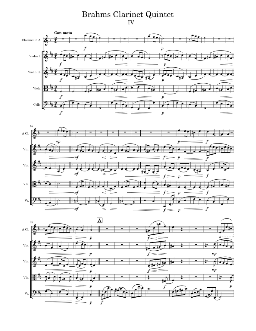 Clarinet Quintet, Op.115 4th mov. – Johannes Brahms Sheet music for Violin, Viola, Cello ...