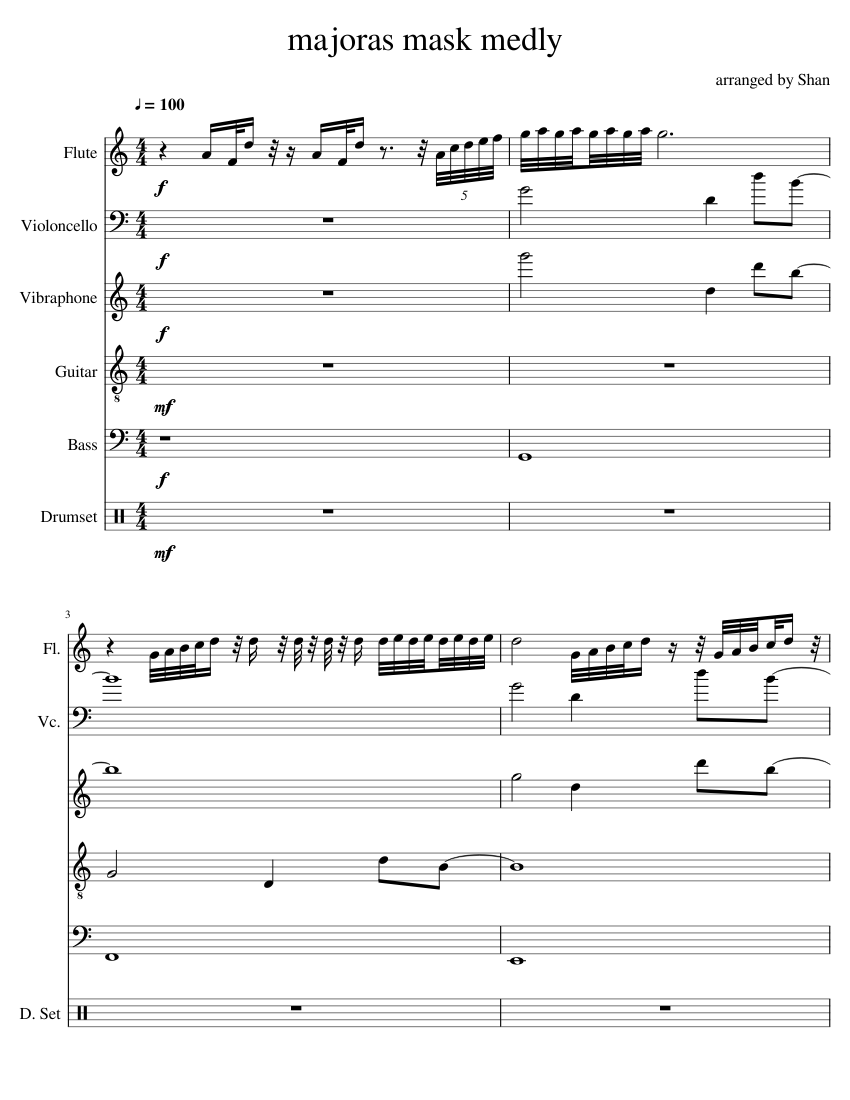 Majora's Mask Medly Sheet Music for Flute, Vibraphone, Cello, Guitar ...