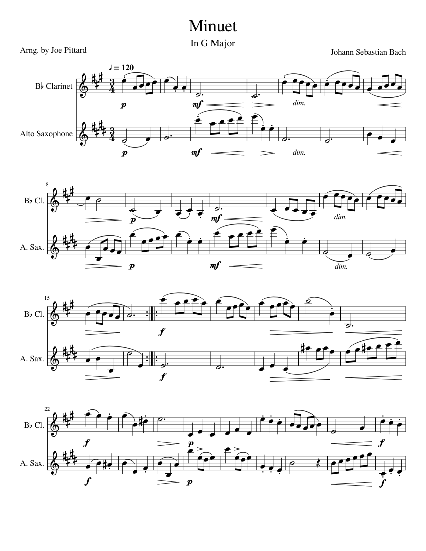 Minuet in G by Bach Sheet Music for Clarinet in b-flat, Saxophone alto ...