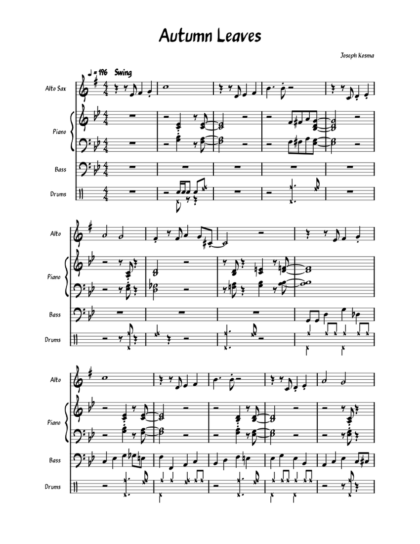 Autumn Leaves Quartet Sheet music for Piano, Saxophone alto, Bass ...