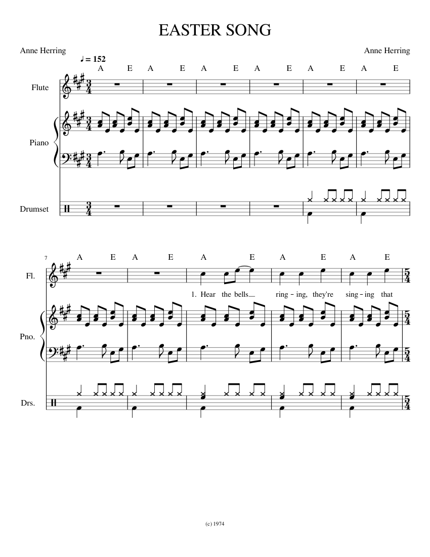 EASTER SONG Sheet Music with Chords for Piano, Flute, Drum group (Mixed ...