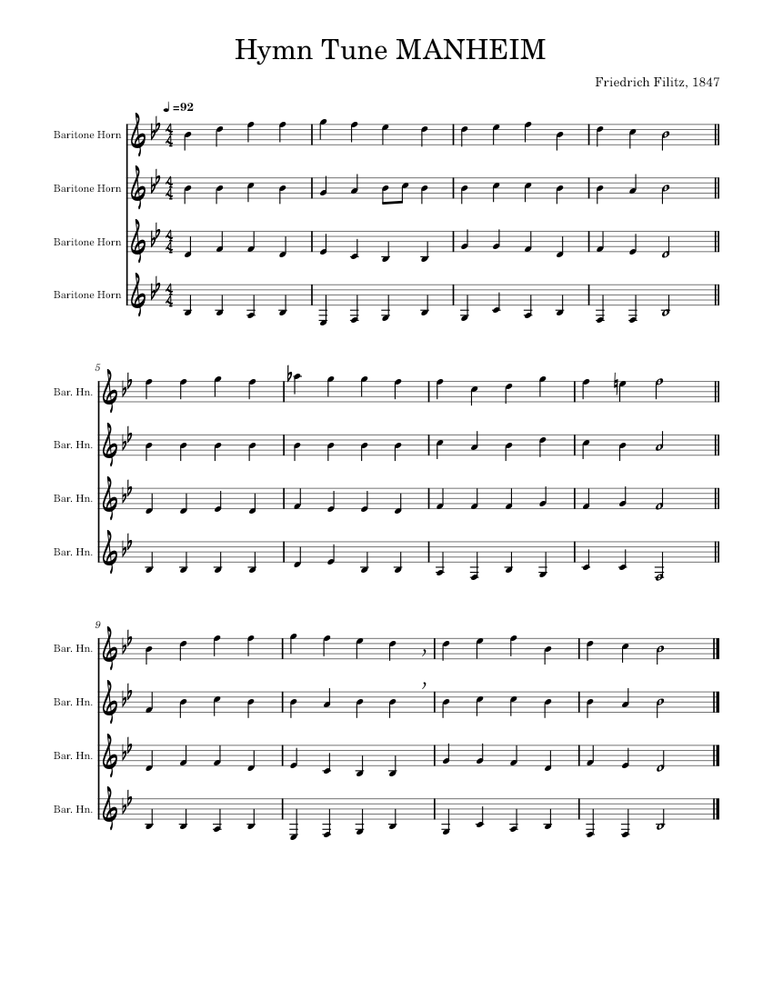 Hymn Tune MANHEIM – Friedrich Filitz Sheet music for Baritone horn ...