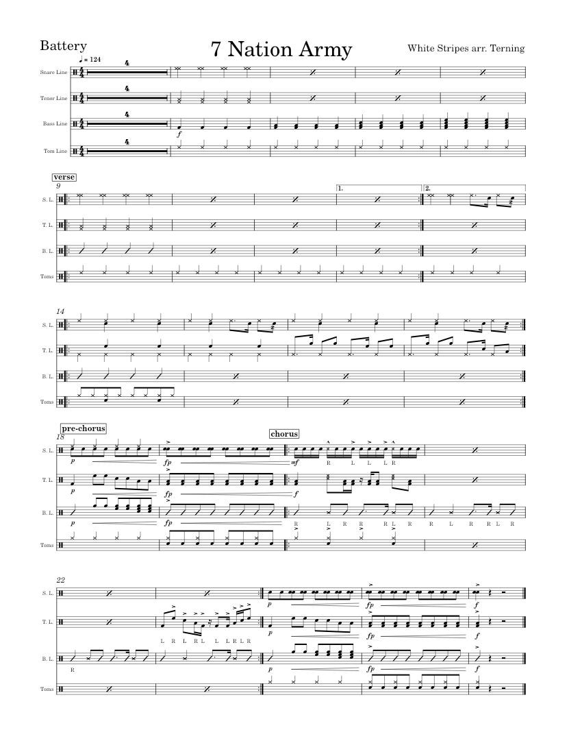 7_Nation_Army-Battery Sheet Music for Snare drum, Tenor drum, Bass drum ...