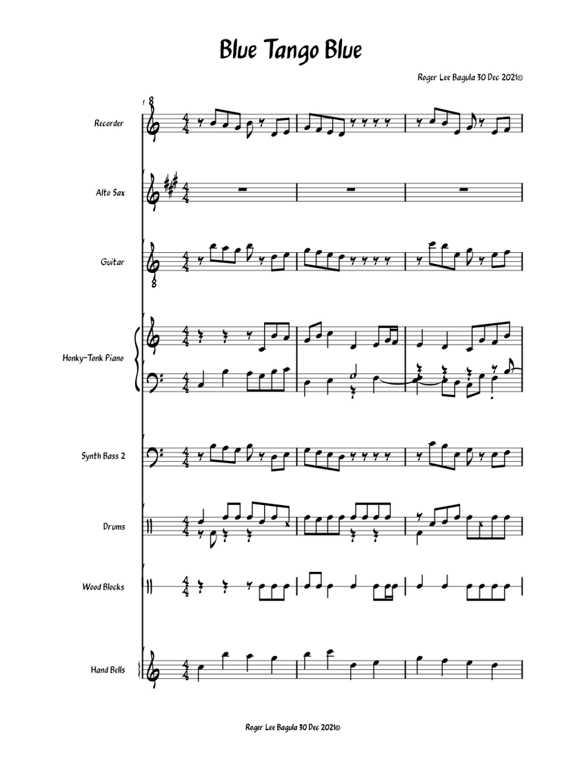 Blue Tango Blue Sheet music for Piano, Saxophone alto, Guitar, Bass ...