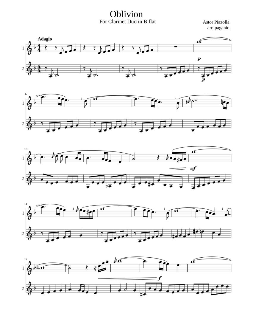 Oblivion Clarinet Duet - Astor Piazolla Sheet Music for Clarinet in b ...