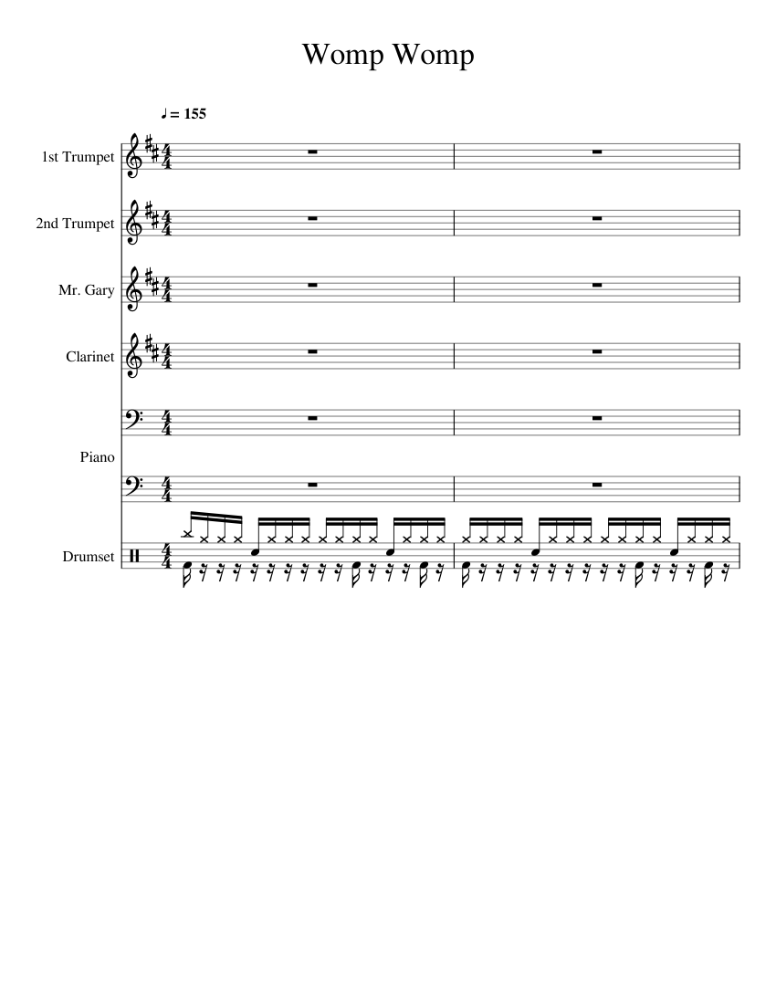 Womp Womp Sheet Music for Piano, Clarinet in b-flat, Trumpet in b-flat, Drum group (Piano Sextet ...