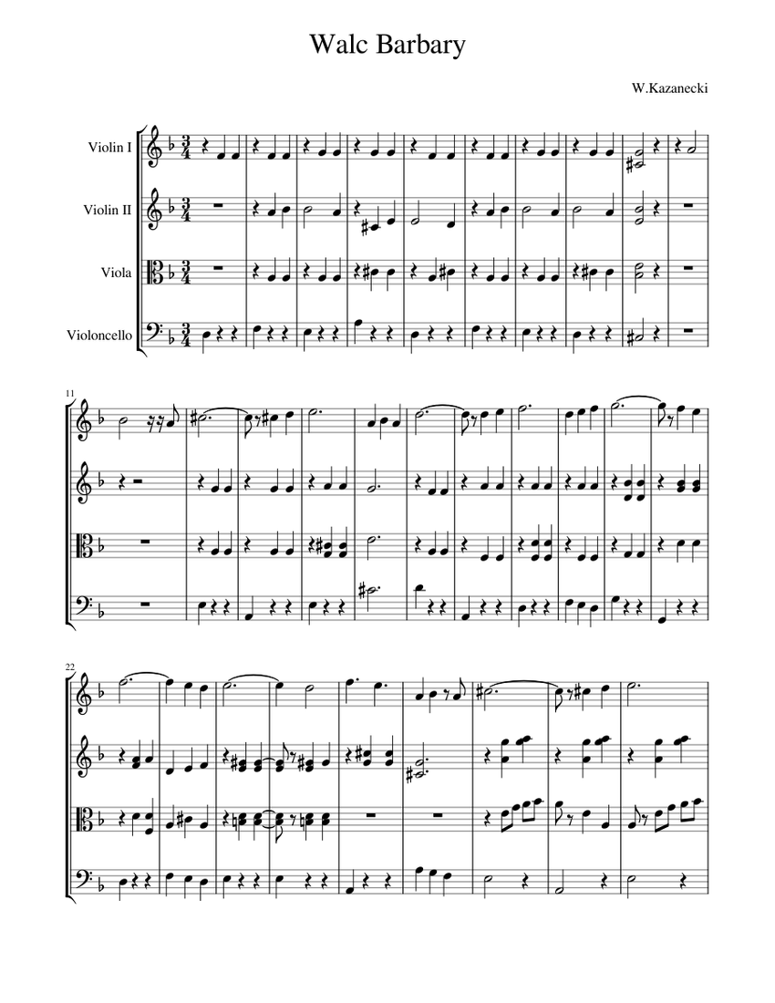 Walc_Barbary Sheet music for Violin, Viola, Cello (String Quartet) | Musescore.com