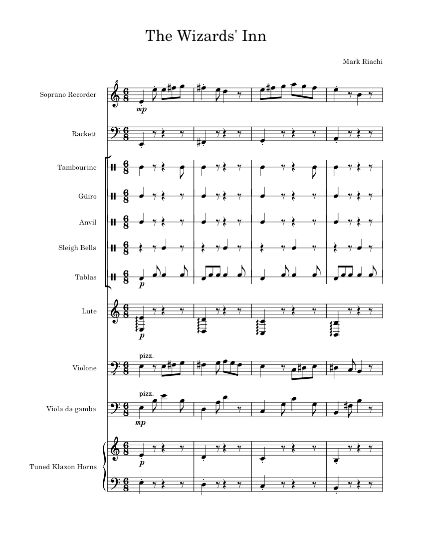 The Wizards' Inn Sheet music for Piano, Tambourine, Cello, Recorder ...