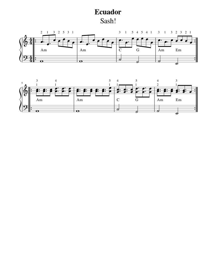 Sash! - Ecuador Sheet Music with Chords for Piano (Solo) easy ...