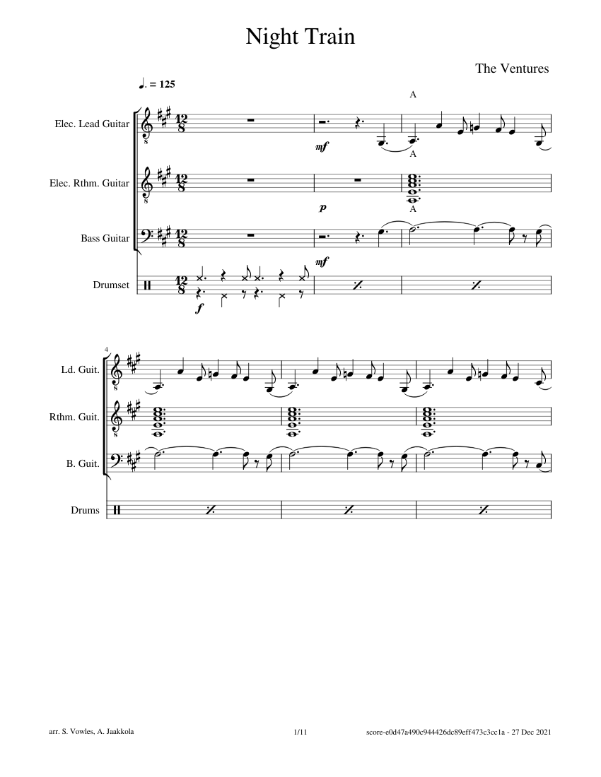 Night Train (Ventures) Sheet Music and Tab with Chords for Guitar, Bass ...