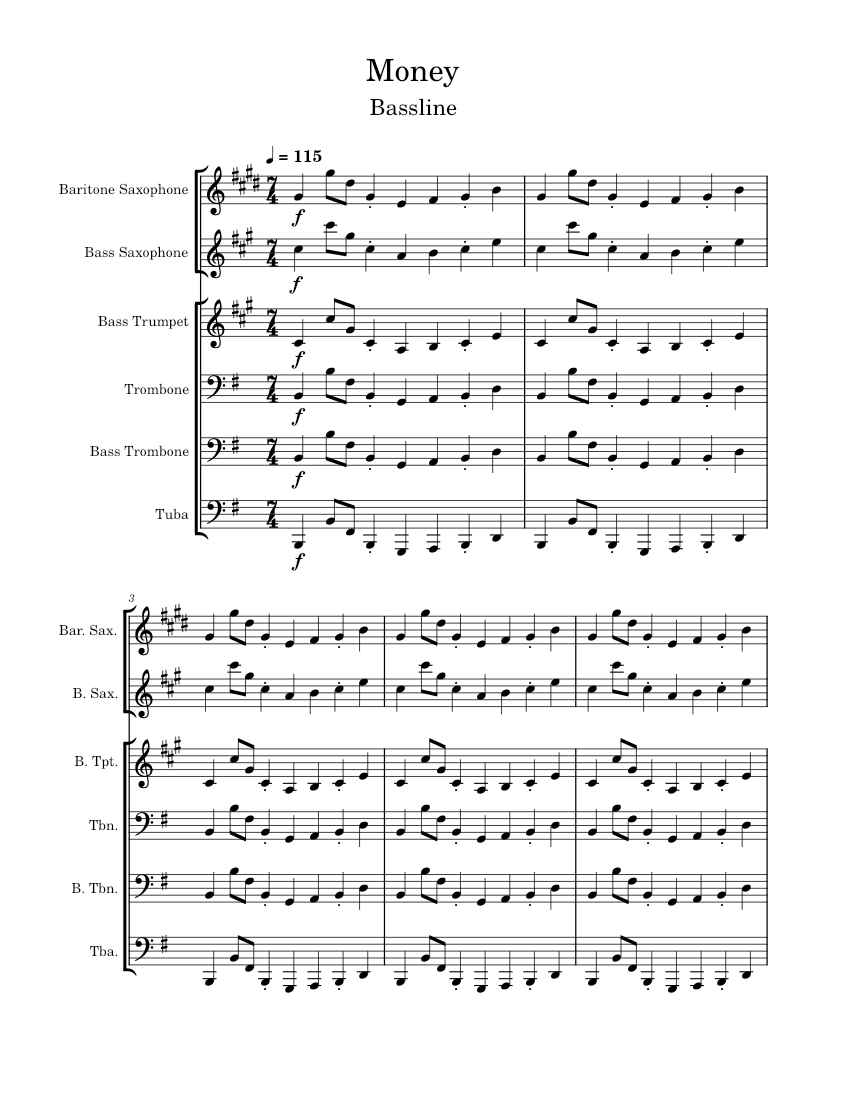Money – Pink Floyd (bassline) Sheet music for Trombone, Tuba, Trombone ...