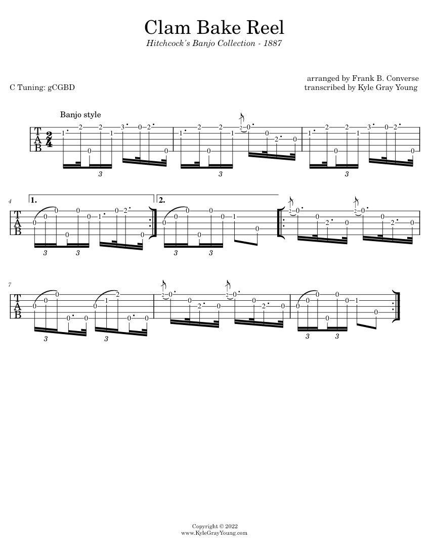Clam Bake Reel – Frank B. Converse (1887 banjo tablature) Sheet Music ...