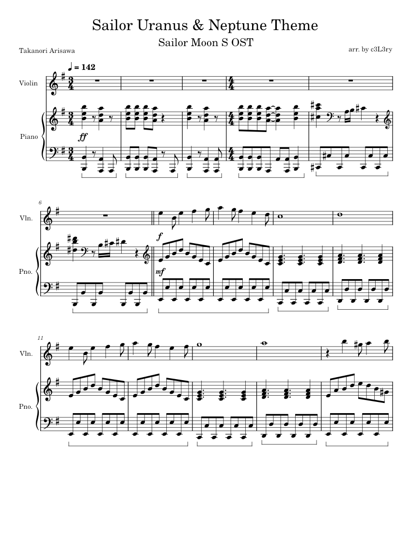 Sailor Uranus & Sailor Neptune Theme || Violin + Piano Sheet Music for ...