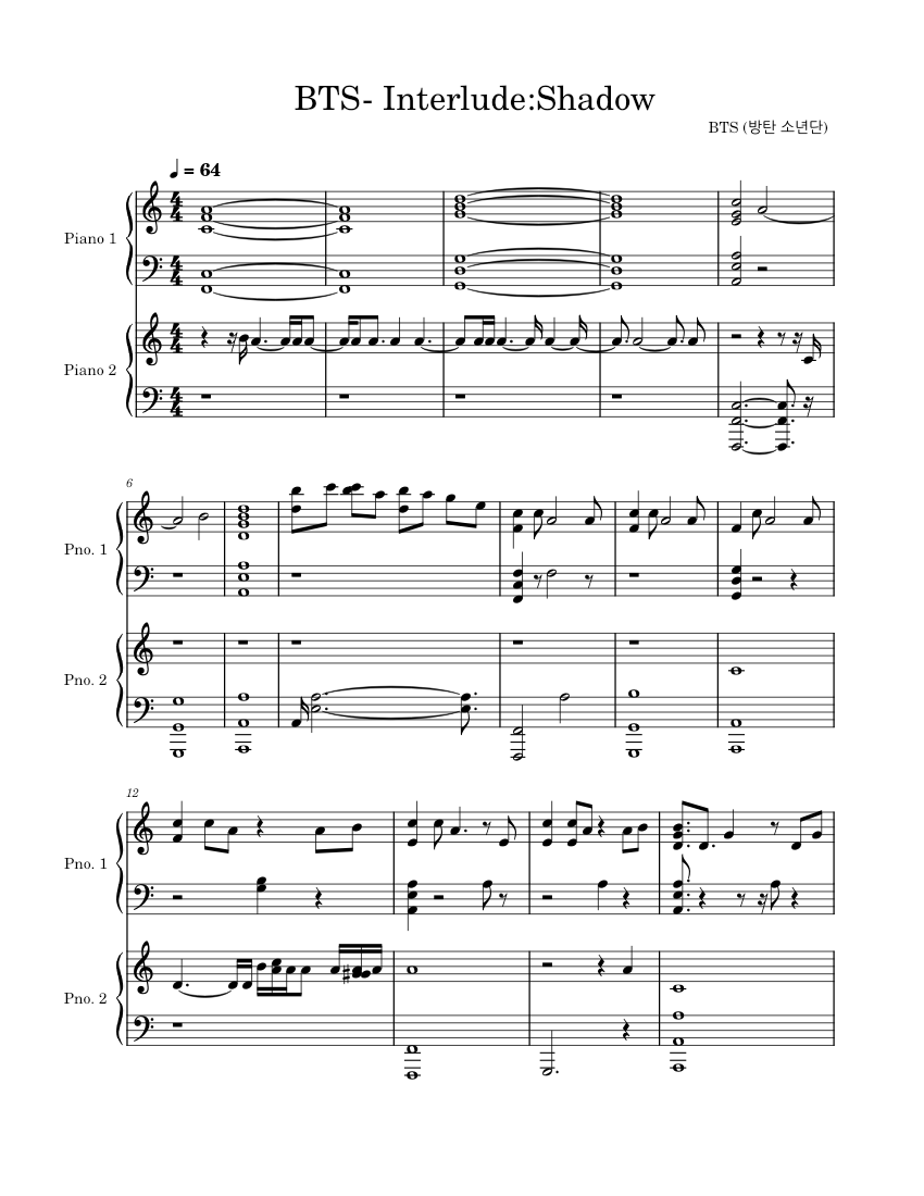 BTS- Interlude:Shadow Sheet Music for Piano (Piano Duo) | MuseScore.com