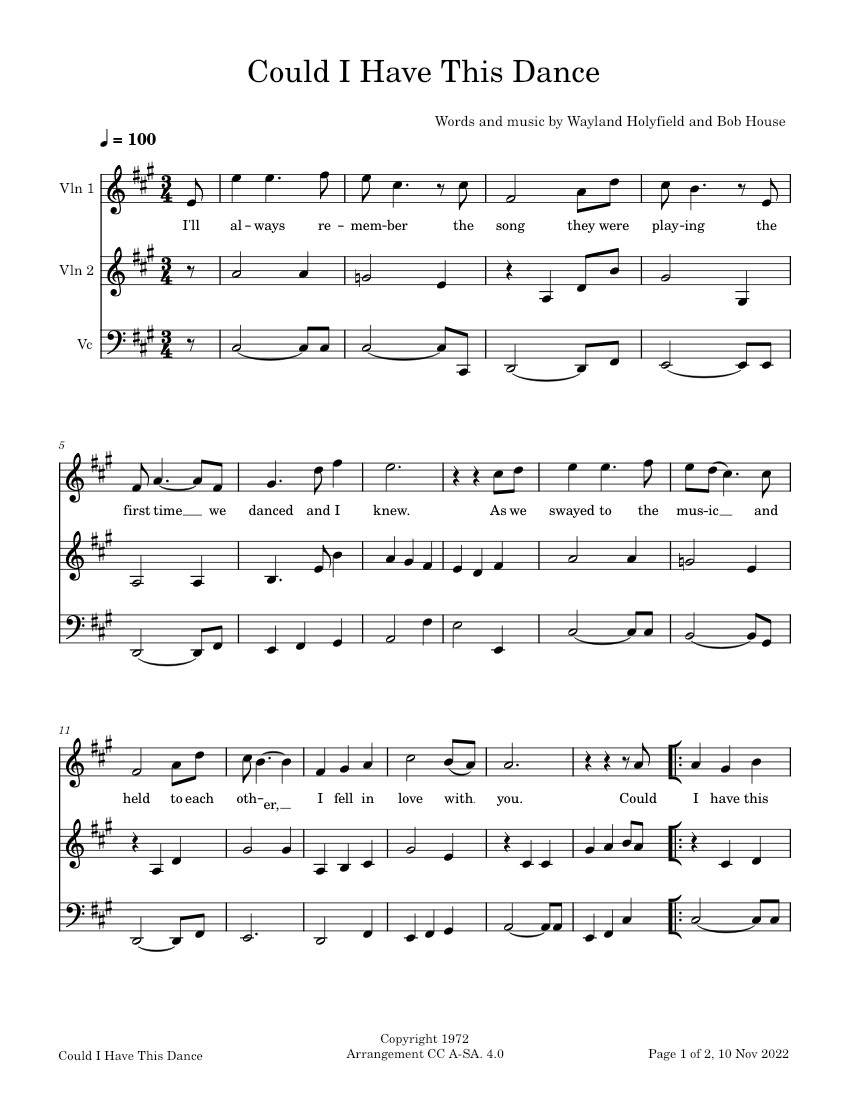 Could I Have This Dance – Wayland Holyfield Sheet Music for Violin ...