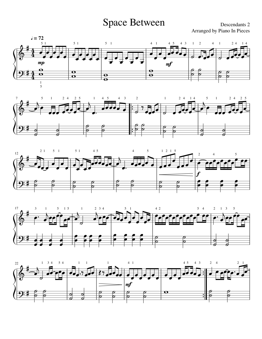 Space Between from Descendants 2 Sheet Music for Piano (Solo) Easy | MuseScore.com