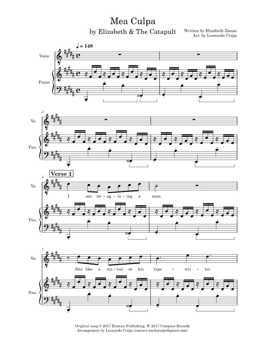 Mea Culpa – Elizabeth & The Catapult Sheet music for Piano, Vocals ...