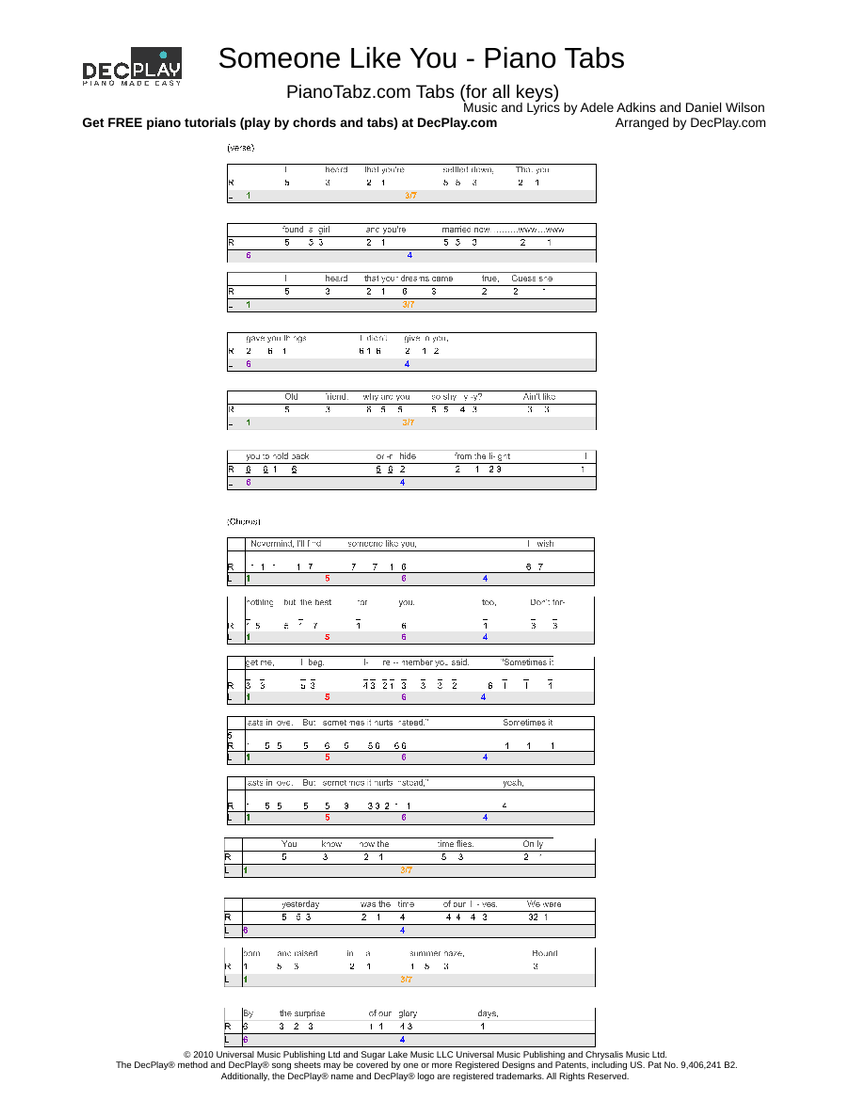 Someone Like You - Piano Tabs (all keys) piano / vocals - Adele Sheet ...