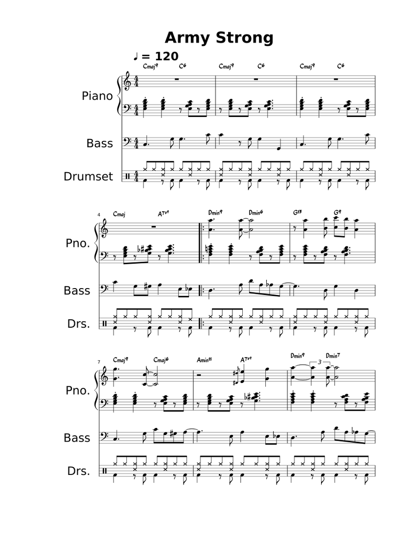 Army Strong Sheet Music with Chords for Piano, Bass guitar, Drum group ...
