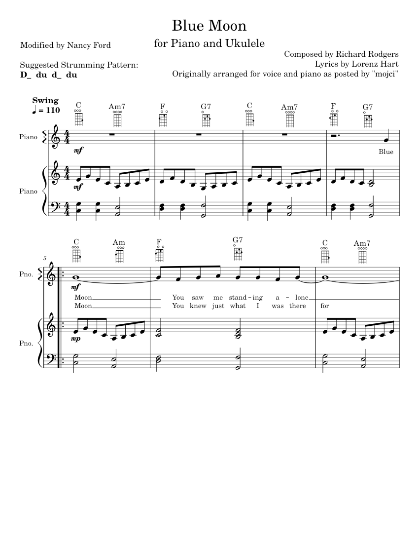 Blue Moon – Rodgers and Hart (Ukulele and Piano) Sheet music for Piano ...