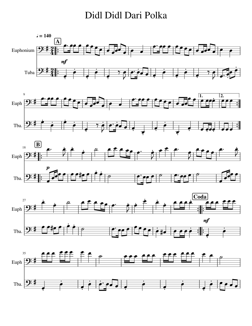 Didl Didl Dari Polka Sheet Music for Trombone, Tuba (Mixed Duet ...