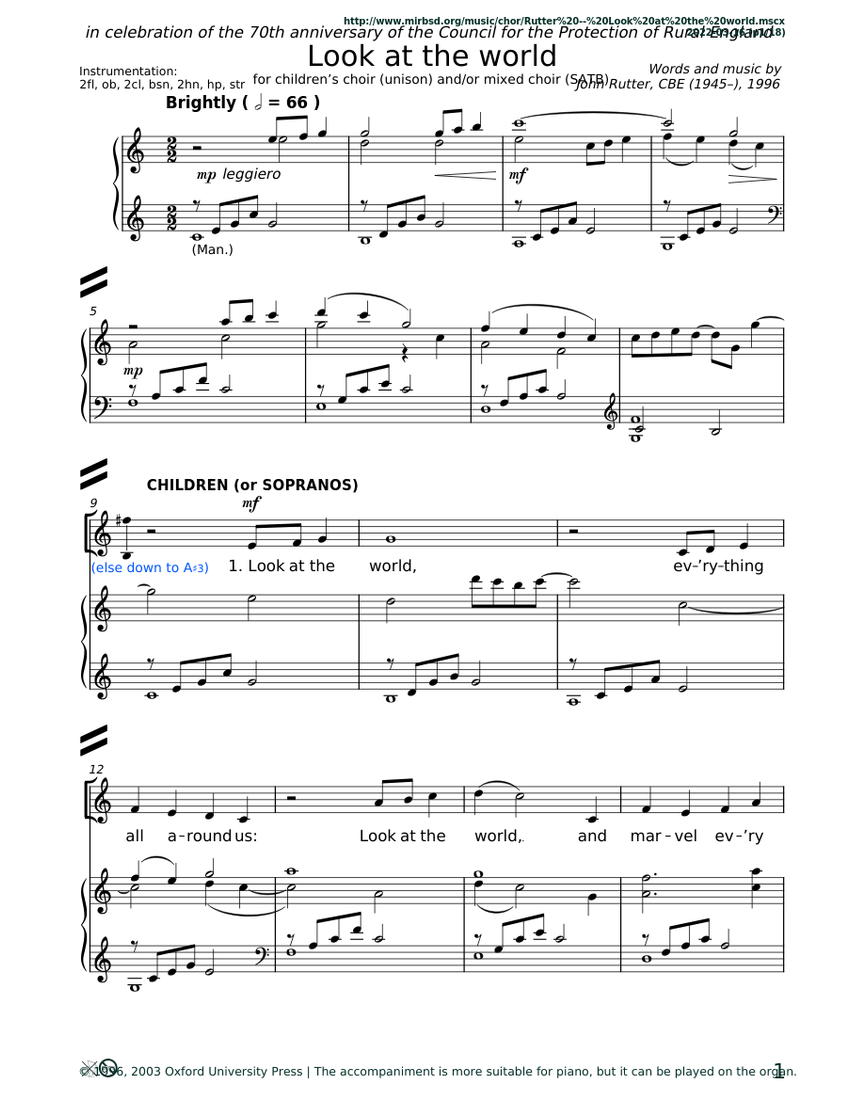 Rutter — Look at the world Sheet music for Piano, Soprano, Alto, Tenor ...